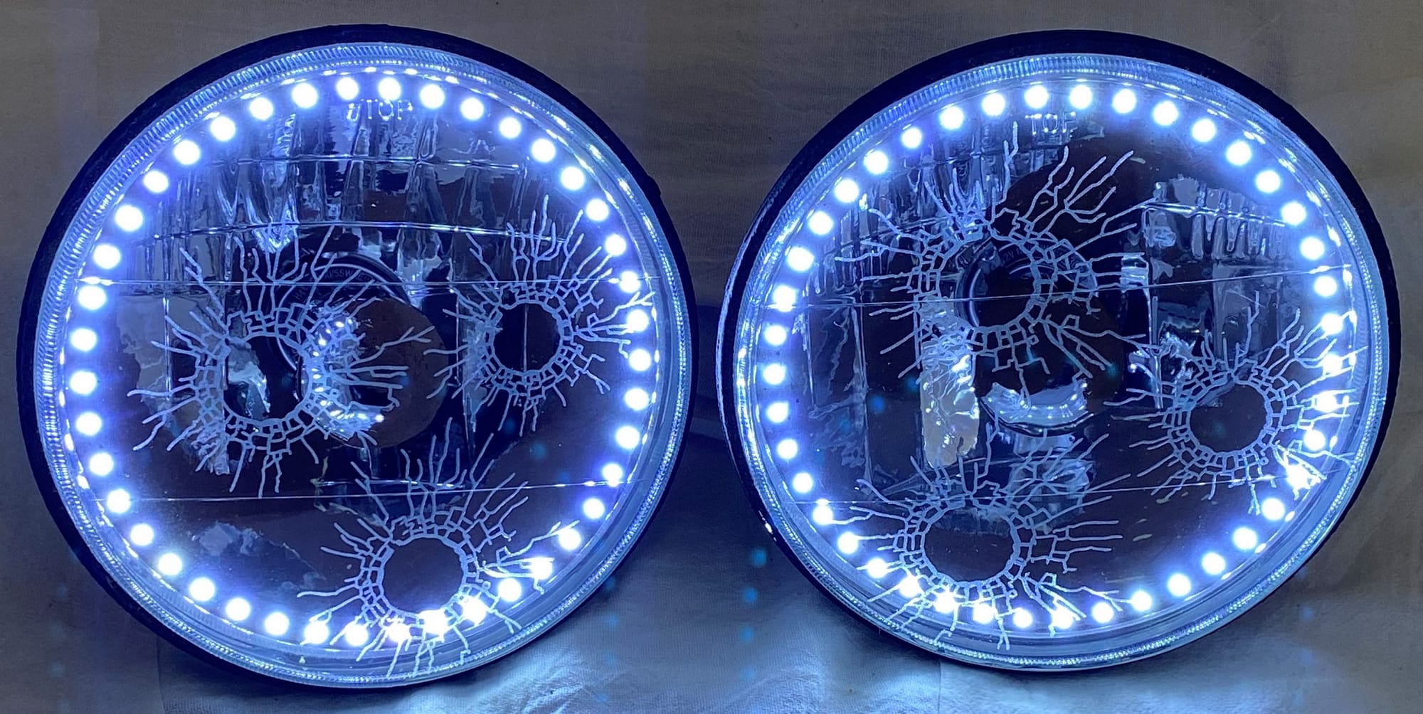 One Pair of 7 Inch Round White Diamond Multi-Color Halo Headlights with ...